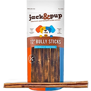 Jack&Pup Thick Bully Sticks 12 Inch Premium Dog Bully Sticks for Large Dogs Aggressive Chewers - All Natural Bully Sticks Odor Free 12" Large Bully Sticks, Long Lasting Dog Chews Bully Stick (5 Pack)