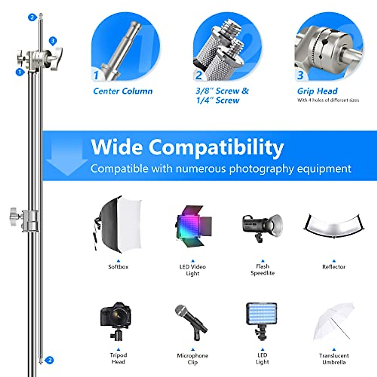 NEEWER Pro 100% Stainless Steel Heavy Duty C Stand with Boom Arm, Max Height 10.5ft/320cm Photography Light Stand with 4.2ft/128cm Holding Arm, 2 Grip Head for Studio Monolight, Softbox, Reflector