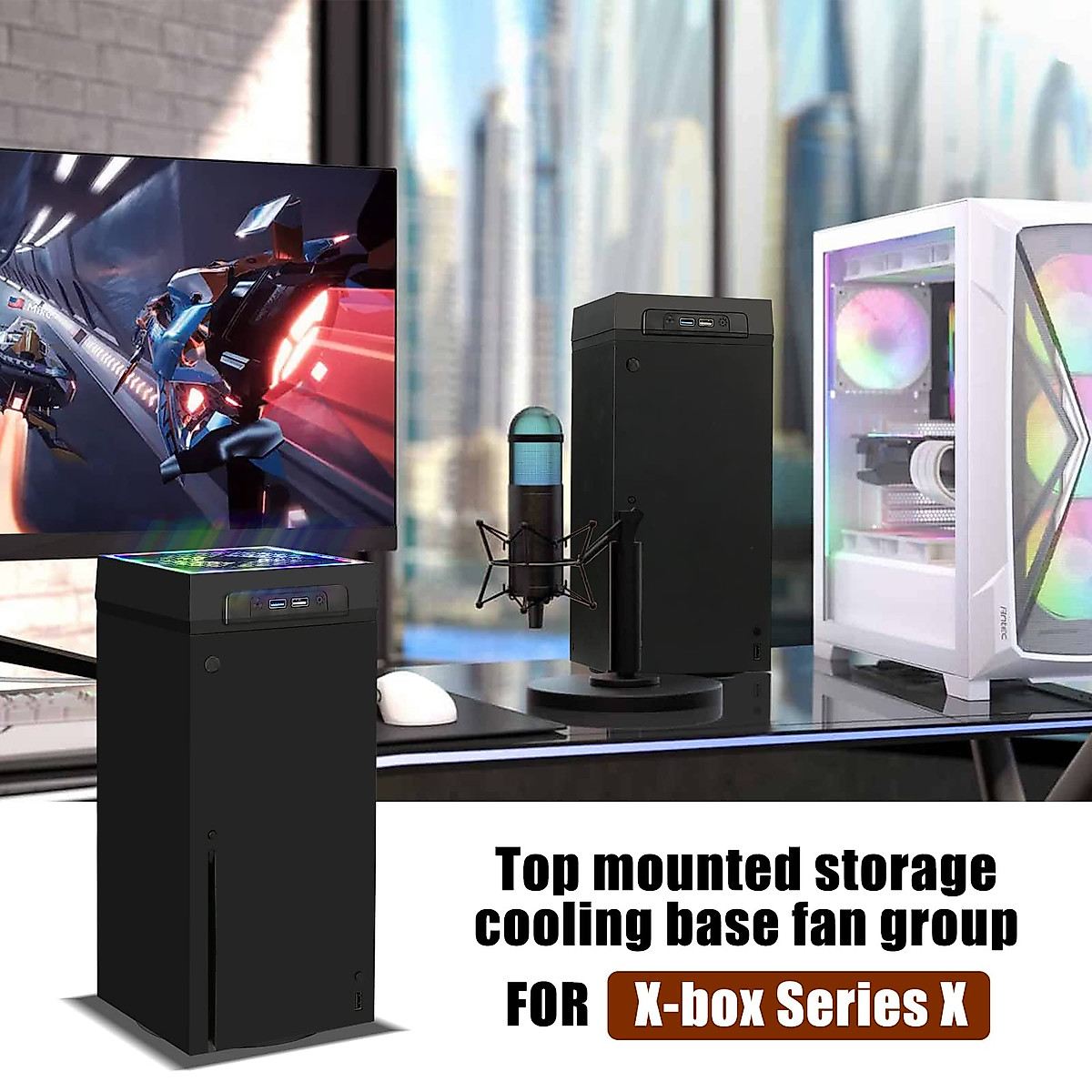 Raryars Cooling Fan for Xbox Series X with RGB and Upgraded 5 Inches Big Fan Low Noise Top Fan Adjustable Speed Cooler Fan System Extra 2 USB Port & Touch Switch