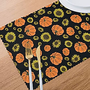 Thanksgiving Pumpkins Sunflower Leaf Placemats Set of 6,Table Mats Heat-Resistant Washable Non-Slip Place Mats for Family Dining Kitchen Home Wedding Holiday Party Decorations 12 X 18 Inch