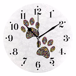 VIKKO Floral Animal Dog Paw Wall Clock 9.8 inch Round Battery Operated Decorative Clock for Kitchen School Office