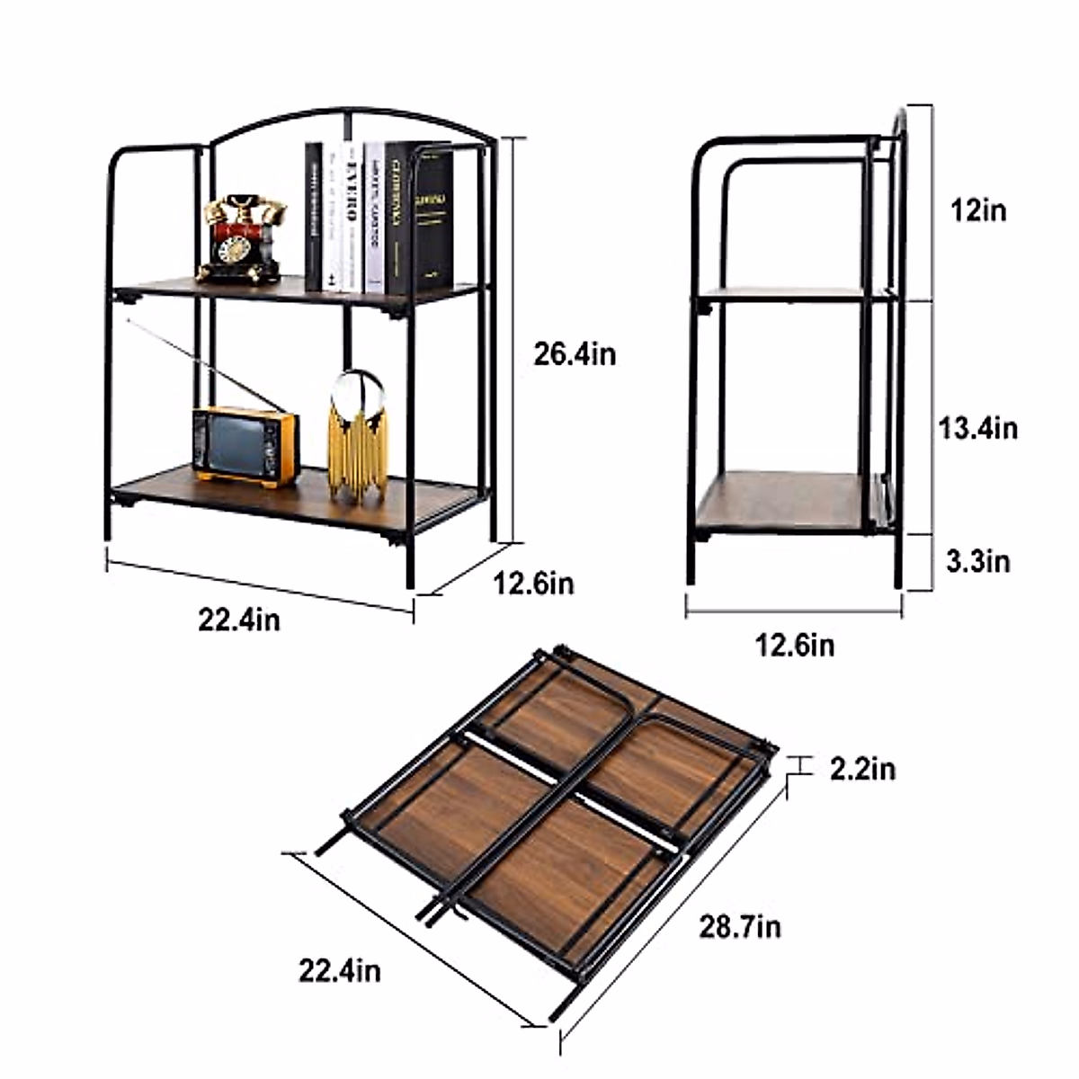 Crofy No Assembly Folding Bookshelf, 2 Tier Black Bookshelf, Metal Book Shelf for Storage, Folding Bookcase for Office Organization and Storage, 12.6 D x 22.44 W x 28.74 H Inches