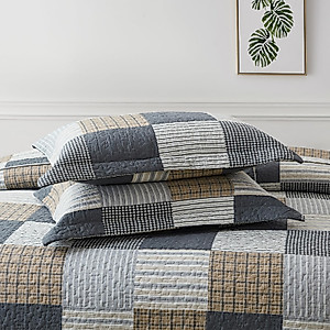 Finlonte King Quilt Bedding Set - 100% Cotton King Size Comforter, Plaid Quilted Bedspread Farmhouse Country Bed Spread, Lightweight Reversible King Quilt Sets All-Season, Gray/Brown/Black/White, 3Pcs