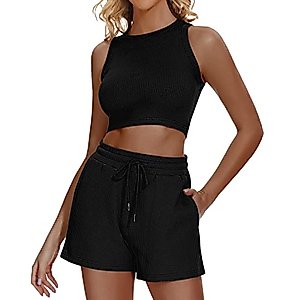 Funlingo Women's 2023 Waffle Knit Sleeveless Crop Top and Shorts Lounge Pajama Matching Sets Sweatsuits Tracksuits 2 Piece Summer Outfits Black M