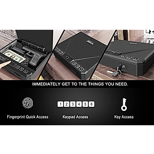 Biometric Gun Safe for Pistols, Wall Mounted Fingerprint Handgun Safe Lock Box for Bedside Car Nightstand Drawer Closet -with Security Cable/Light/Safe Organizer