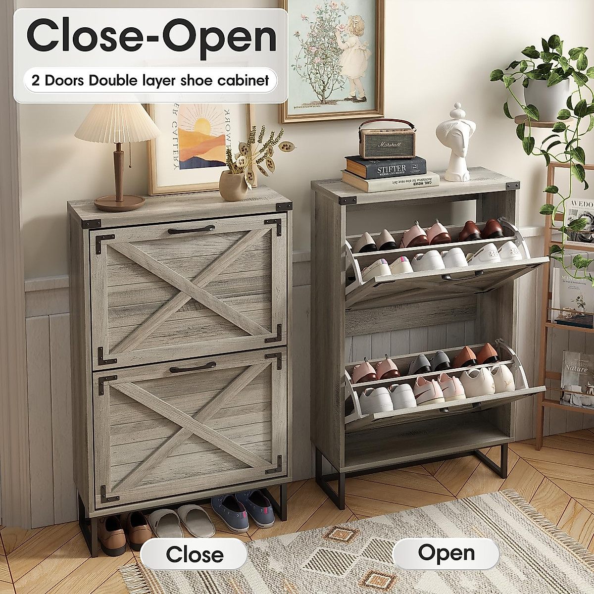 Maupvit 24" W Farmhouse Shoe Cabinet Storage for Entryway, Freestanding Organizer with 2 Flip Drawers, Narrow Shoe Rack Cabinet with Metal Corner Decoration, Washed Gray