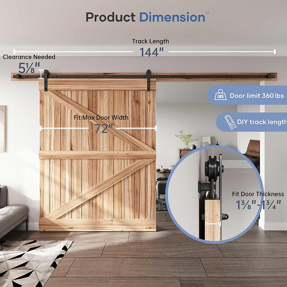 EaseLife 12 FT Heavy Duty Sliding Barn Door Hardware Track Kit,Straight Pulley,Slide Smoothly Quietly,Easy Install (12FT Track Kit for 72" Wide Single Door)