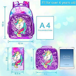TXHVO 3PCS Unicorn Backpack for Girls, 16" Sequin Kids Bookbag with Lunch Box, School Backpacks for Elementary Preschool Preschool- Purple