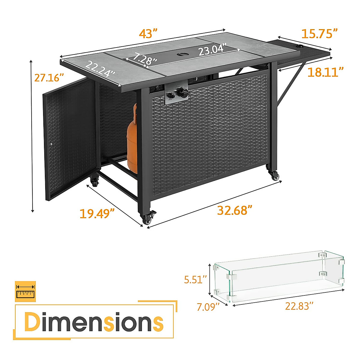 Greesum 43 Inch Outdoor Gas Fire Pit Table, 50,000 BTU Steel Propane Firepit with Wind Guard and Ceramic Tile Desktop, Add Warmth and Ambience to Parties On Patio Garden Backyard, Beige and Black
