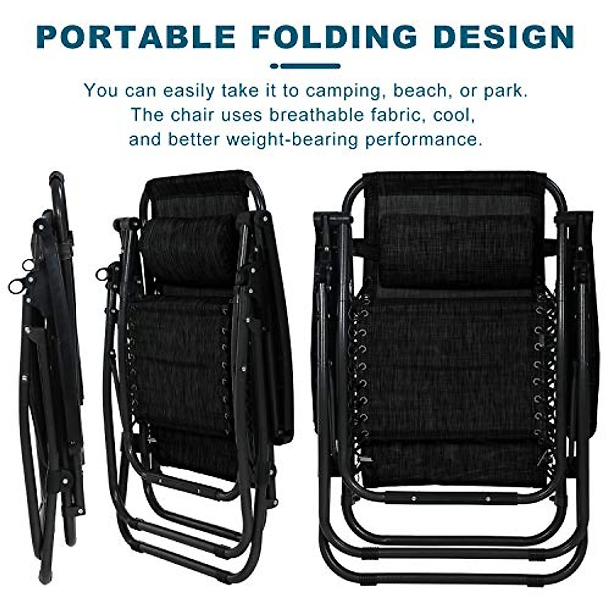 HCY Zero Gravity Chairs Outdoor Adjustable Recliner Chair Folding Lounge Patio Chairs Heavy Duty Zero Gravity Chair with Pillows Set of 2 for Beach, Yard, Lawn, Camp（Black）