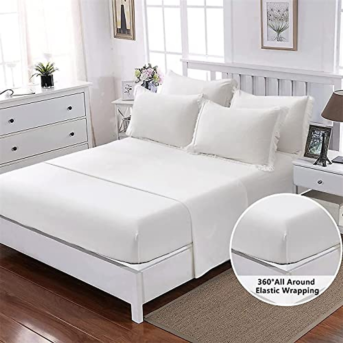 7 Pieces Bed in a Bag Comforter Set White Tassel Comforter Set Boho Fringe Comforter Tufted Soft Microfiber Bedding Sets King (1 Comforter,2 Pillowcases,2 Pillow Shams,1 Flat Sheet,1 Fitted Sheet)