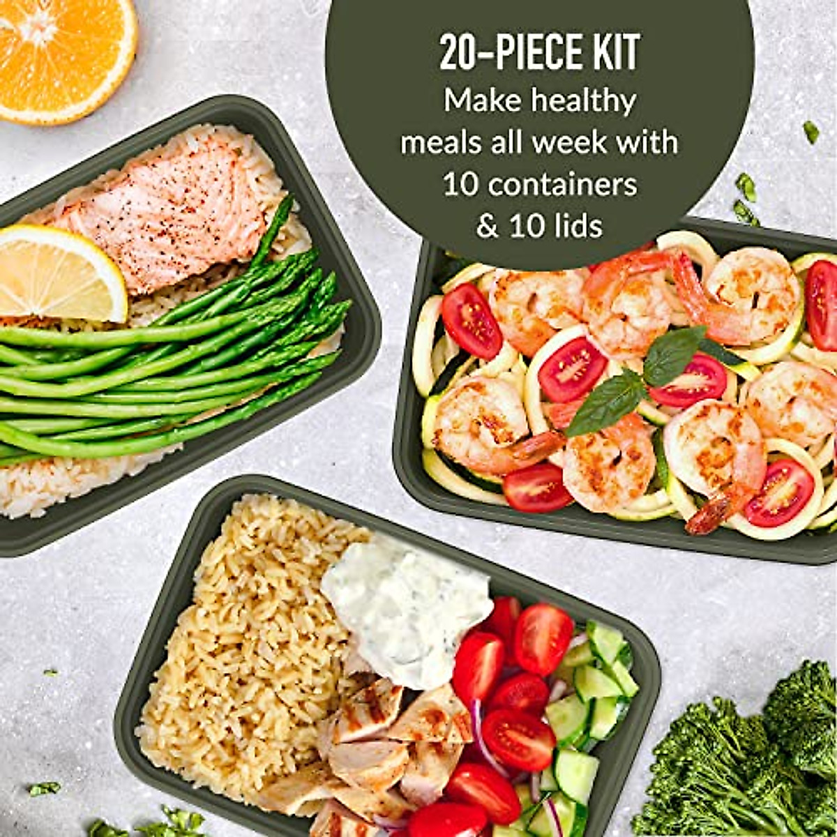 Bentgo® Prep 1-Compartment Containers - 20-Piece Meal Prep Kit with 10 Trays & 10 Custom-Fit Lids - Durable Microwave, Freezer, Dishwasher Safe Reusable BPA-Free Food Storage Containers (Khaki Green)