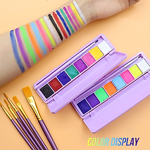 POPMISOLER 2 Packs Water Activated Eyeliner Palette High Pigmented Face Paint Palette Neon Eyeliner Colorful Rainbow Water Eyeliner Matte UV Glow Graphic Liner with Complete Face Paint Brushes
