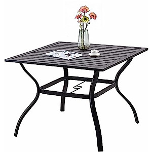 Patio Table with Umbrella Hole 37 Inch Outdoor Patio Table Outdoor Dining Tables Outdoor Metal Table Steel Slat Square Patio Dining Table with 1.57" Umbrella Hole for Garden, Backyard and Porch