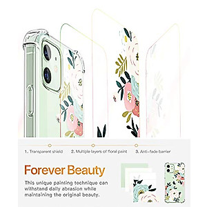 GVIEWIN for iPhone 12 Case and iPhone 12 Pro Case with Screen Protector + Camera Lens Protector, Clear Floral Flexible TPU Shockproof Women Girls Flower Pattern Phone Case 6.1"(Abundant Blossom/White)