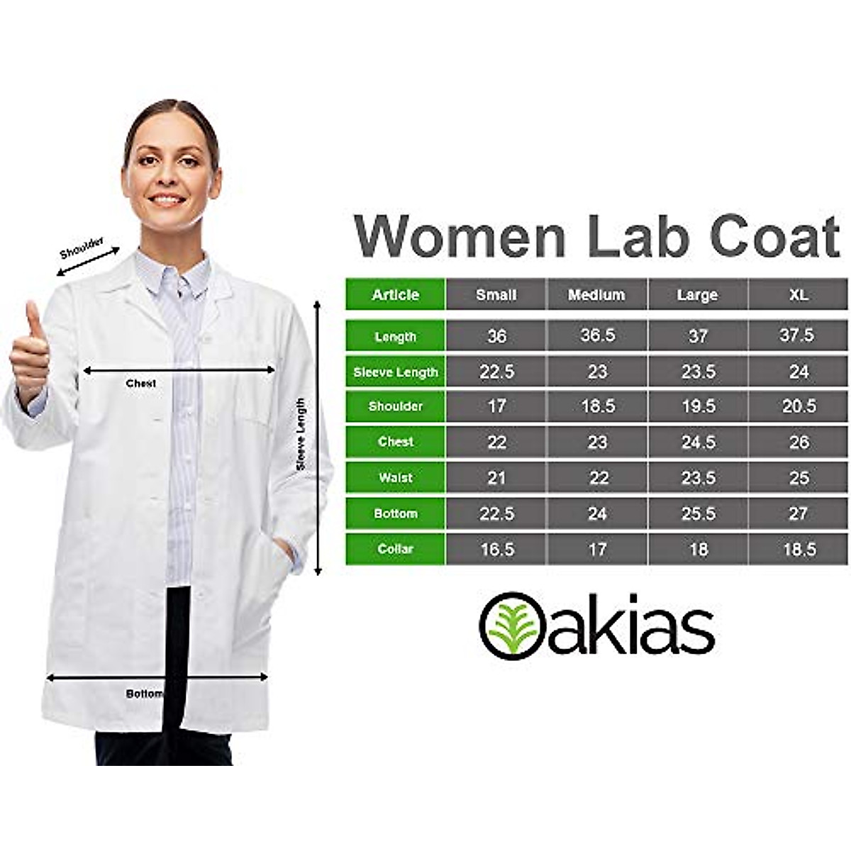 Oakias Cotton Blend Lab Coat for Women, Long Sleeve, 3 Pockets Long Professional Lab Coat, White (S-XL)