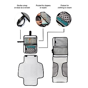 Portable Changing Pad Station for Newborn Baby Infant Diaper Mat Waterproof Compact Wristlet Clutch Holds Wipes & Diapers On The Go Travel Kit for Mom Dad in Grey by 3iveWell