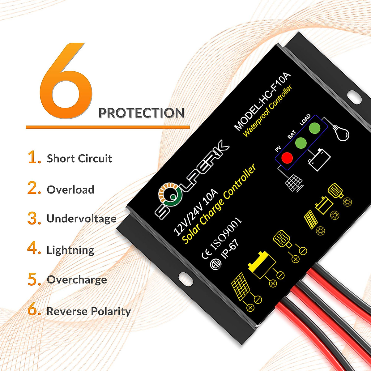 SOLPERK 10A Solar Charge Controller Waterproof Solar Panel Controller 12V/24V PWM Solar Panel Battery Intelligent Regulator for RV Boat car ，with LED Display