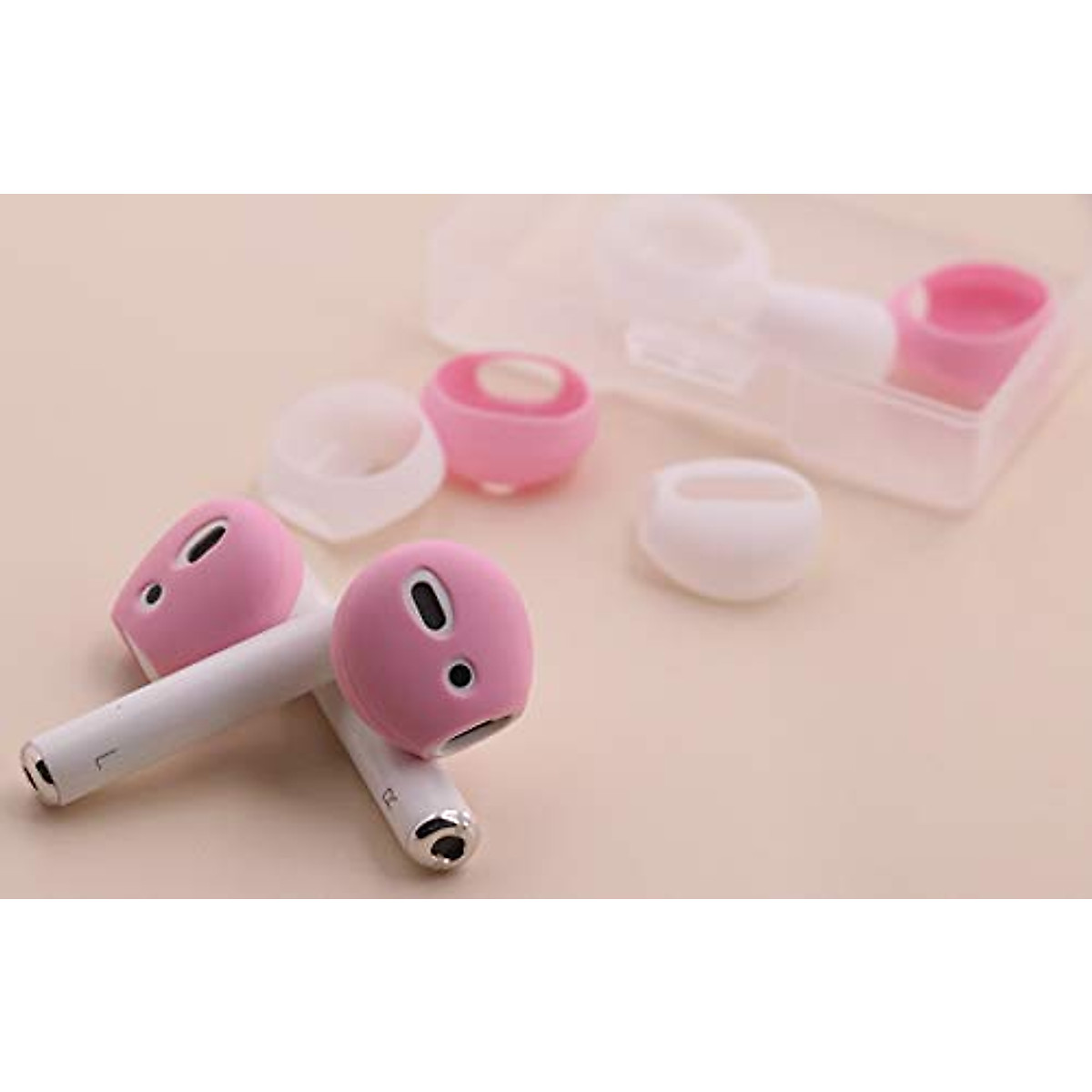 IiEXCEL (Fit in Case) 4 Pairs Replacement Super Thin Slim Rubber Silicone Earbuds Ear Tips and Covers Skin for Apple AirPods 2 1 or EarPods Headphones (Fit in Charging Case) (White Pink)