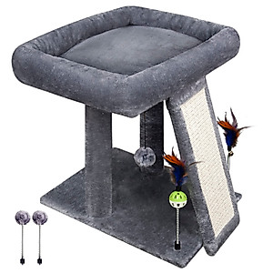 TWDEPART Cat Tree Tower with Cat Scratching Post for Indoor Cats, Activity Centre Climbing Tree with Scratching Board and Playful Toy Balls, Grey