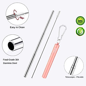 2 Pack Reusable Metal Straws Collapsible Stainless Steel Drinking Straw Travel Portable Telescopic Straw with Case,2 Cleaning Brushes Included Black/Rose Gold