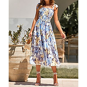 PRETTYGARDEN Women Summer Dresses 2023 Tie Strap Square Neck Smocked Ruffle Flowy Floral Print Boho Maxi Cocktail Dress(Floral White Blue,Large)