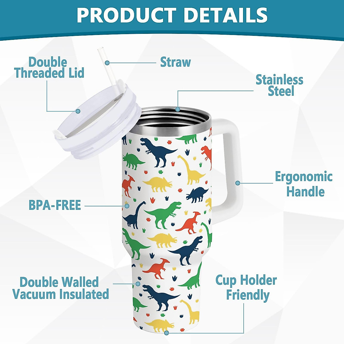 ZZXXB Dinosaur Colorful Pattern Insulated Stainless Steel Water Bottle with Handle and Straw Lid Double Walled Travel Mug 40 oz