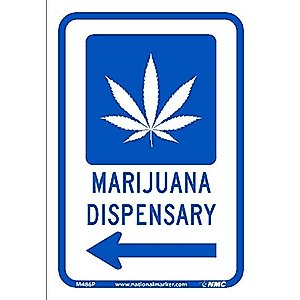 NMC M486P Notice – Marijuana Dispensary Arrow Sign - 10 in. x 7 in. Vinyl Notice with Left Arrow, Marijuana Graphic, Blue Text on White