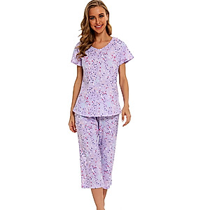 ENJOYNIGHT Women's Pajama Sets Cotton Sleepwear Tops with Capri Pants Summer Pjs (PU, X-Large)
