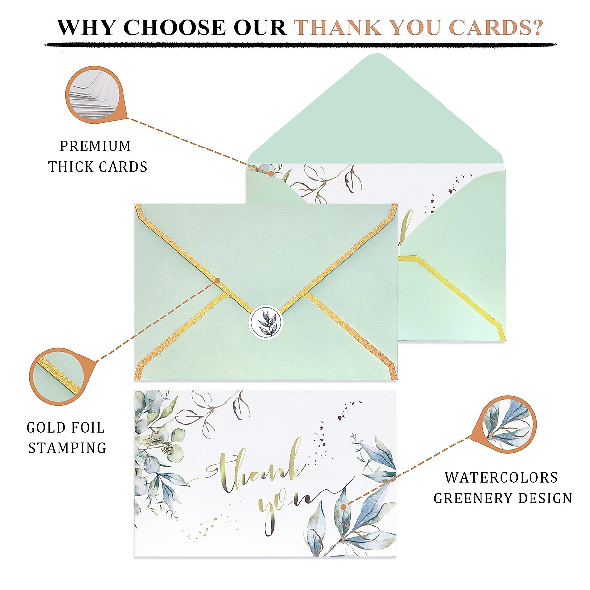 PASEOTA Heavy Duty Thank You Cards with Envelopes Bulk, 4x6 Inches Watercolor Greenery Thank You Notes, Thank You Cards for Wedding Bridal Baby Shower Business, 20 Pack