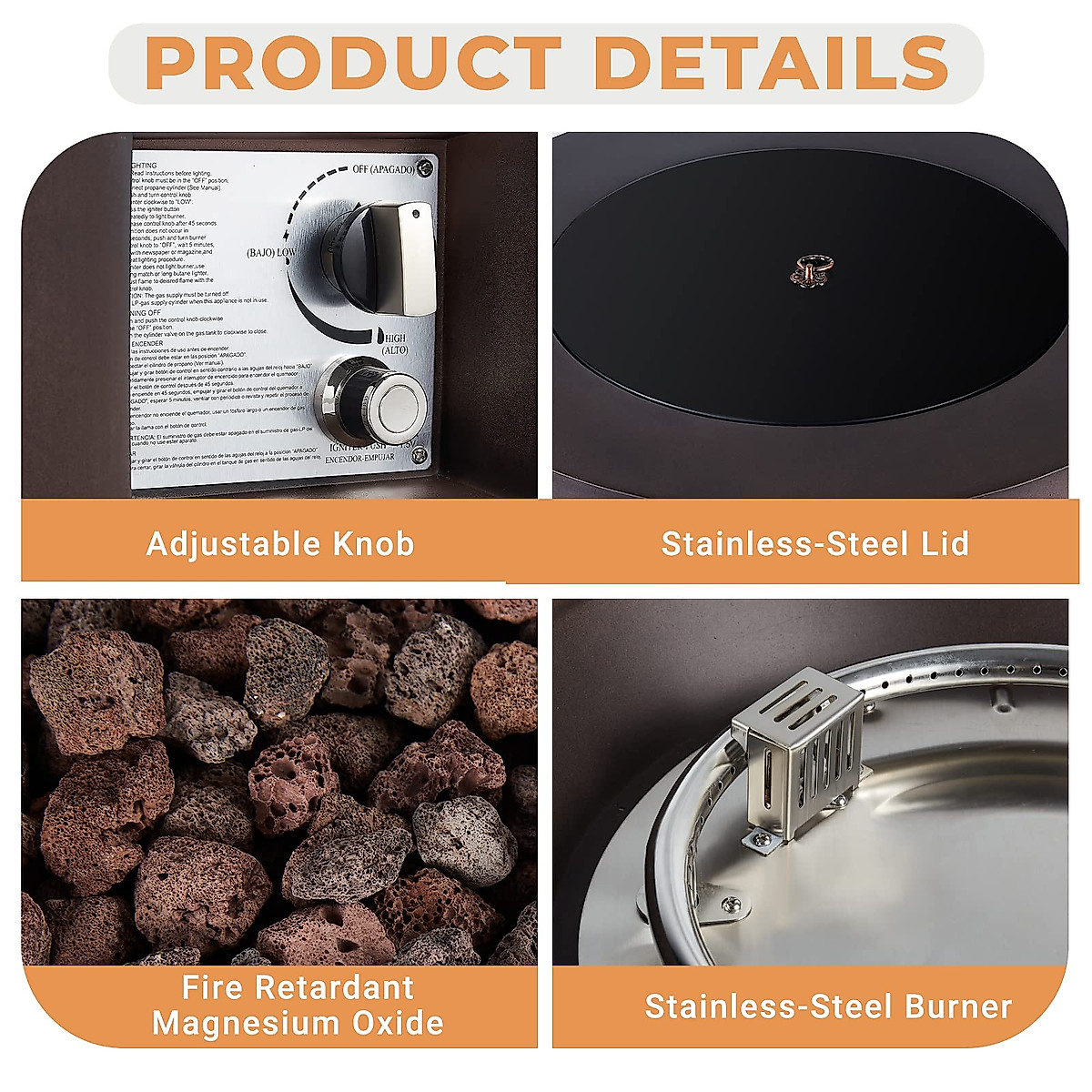 ECOTOUGE 2-Piece Outdoor Propane Firepit Table Set with Tank Table, 30 Inch Auto-Ignition Round Gas Fire Pit, 50,000 BTU Steel Fire Table w/Weather-Resistant Pit Cover, Lava Rocks, Brown