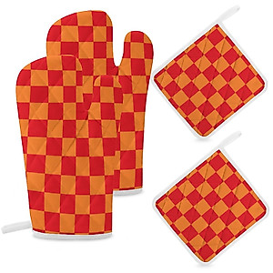 4Pcs Oven Mitts and Pot Holders Set, Checkered Red and Orange Oven Mitts Gloves Set Heat Resistant Hot Pads for Kitchen Cooking Grill