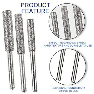 JONMON Burr Grinding Stone File - 6Pcs 3mm Shank 5/32" 3/16" 7/32" Diamond Chainsaw Sharpener Rotary Bit Set Polishing Sharpening Garden Tool for Lawn Mower Chainsaw Parts Garden,120-150 Grit