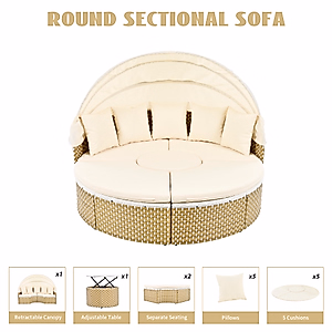 Merax Patio Furniture Round Outdoor Sectional Sofa Set, Rattan Daybed Two-Tone Weave Sunbed with Retractable Canopy, Separate Seating and Removable Cushion, Beige