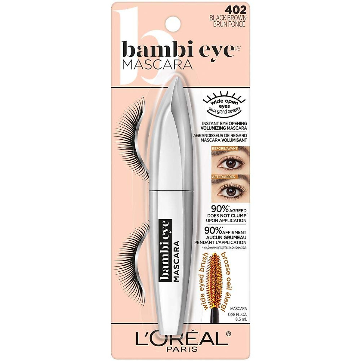 L’Oréal Paris Cosmetics Bambi Eye Washable Mascara, Lasting Volume, Black Brown, 0.28 fl. oz.