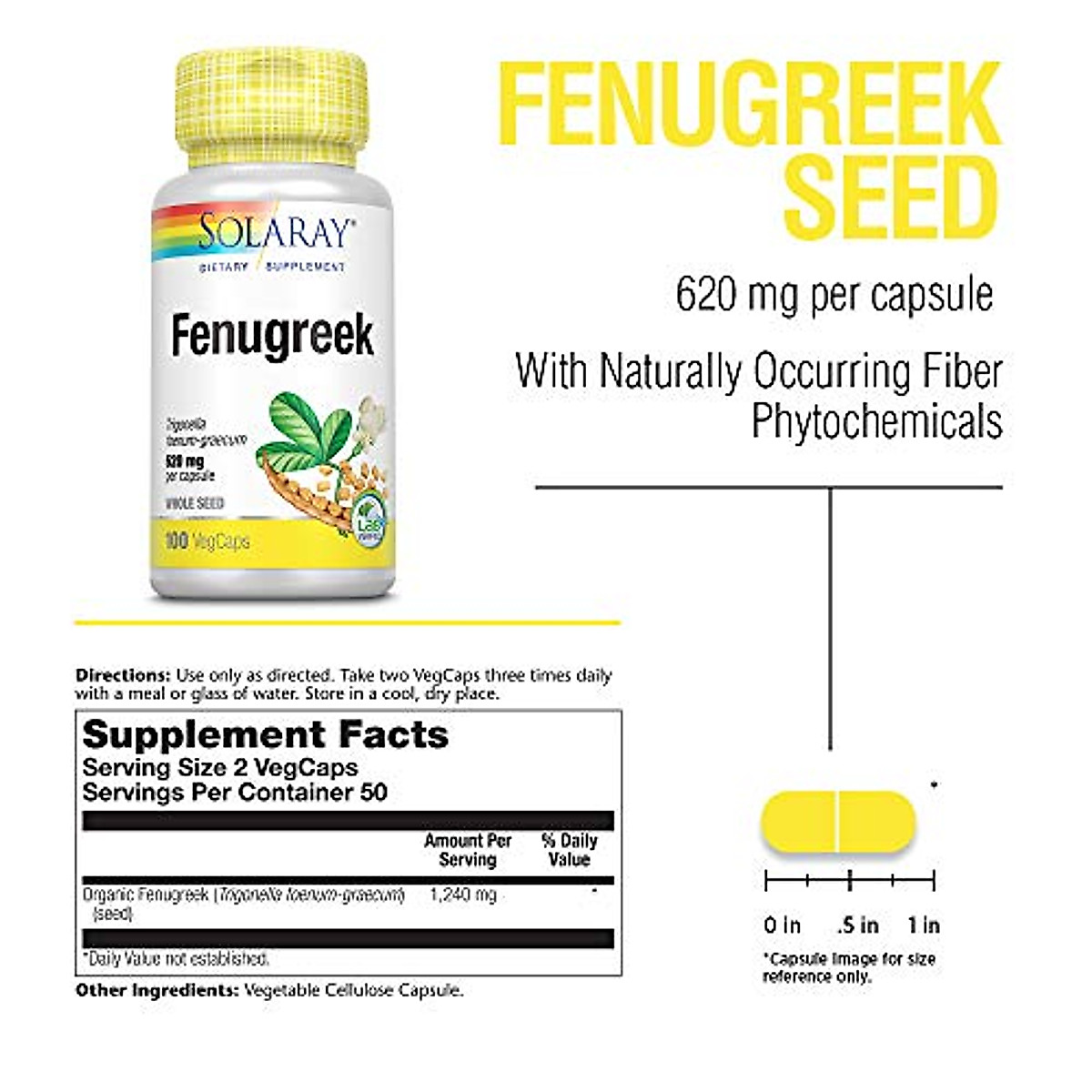 SOLARAY Fenugreek Seed 620mg - 100 VegCaps - Healthy Digestion & Lactation Support - Non-GMO & Vegan - 50 Servings