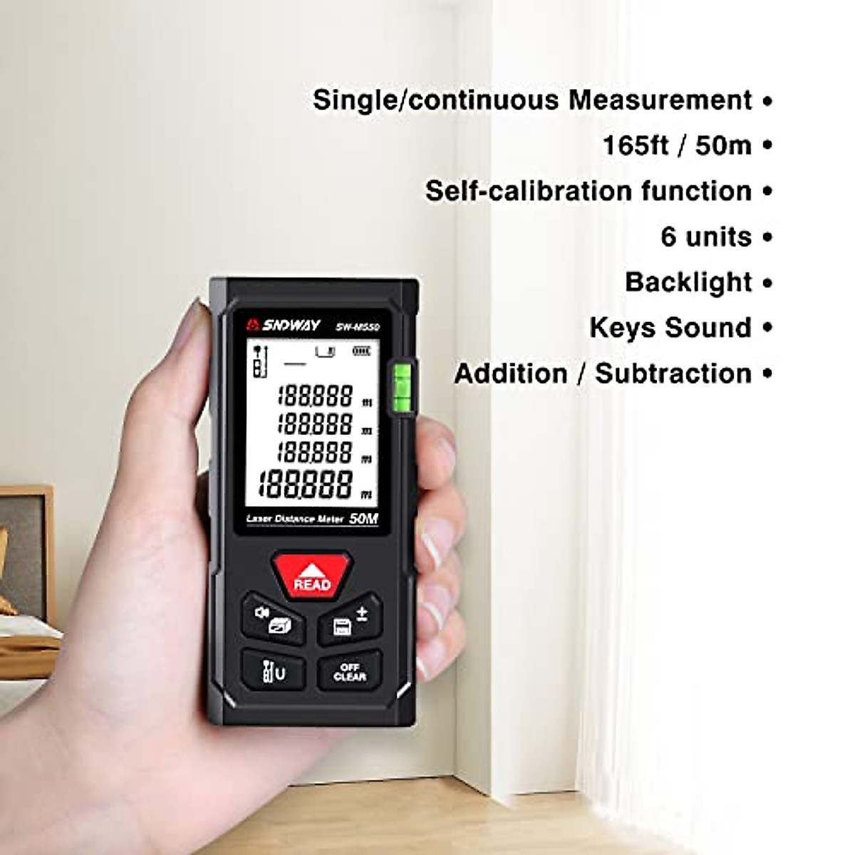 Laser Measurement Tool 165Ft, Digital Laser Distance Meter Bubble Levels, Handheld Laser Tape Measure 50M, High Accuracy Digital Tape Measure Backlit LCD, IP54, Area, Volume, Pythagoras