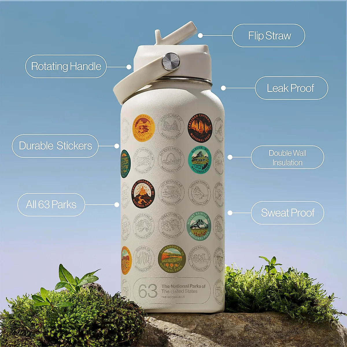 THE GEOPROJECT National Parks Water Bottle with Stickers Kit, Erikas Chesonis Collaboration, Adventure Flask with Straw, Waterproof Stickers for Water Bottle, Insulated Stainless Steel 32oz (Tan)