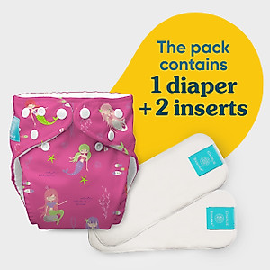 Fleece Reusable and Washable Cloth Diaper System, 1 Diaper and 2 Inserts, Mermaid Zoe, One Size