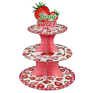 Strawberry Cupcake Stand - Berry Sweet Birthday Party Decorations, 3 Tier Round Strawberry Themed Dessert Tower Stand, Cupcake Holder Stand for Sweet One Birthday Party Decorations