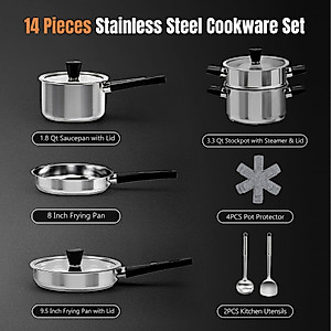 ASKSCICI Stainless Steel Pots and Pans Set, 14-Piece Kitchen Cookware Set with Stay-Cool Handle, Non-Toxic, Dishwasher Safe & Compatible with All Stovetops (Gas, Electric & Induction)
