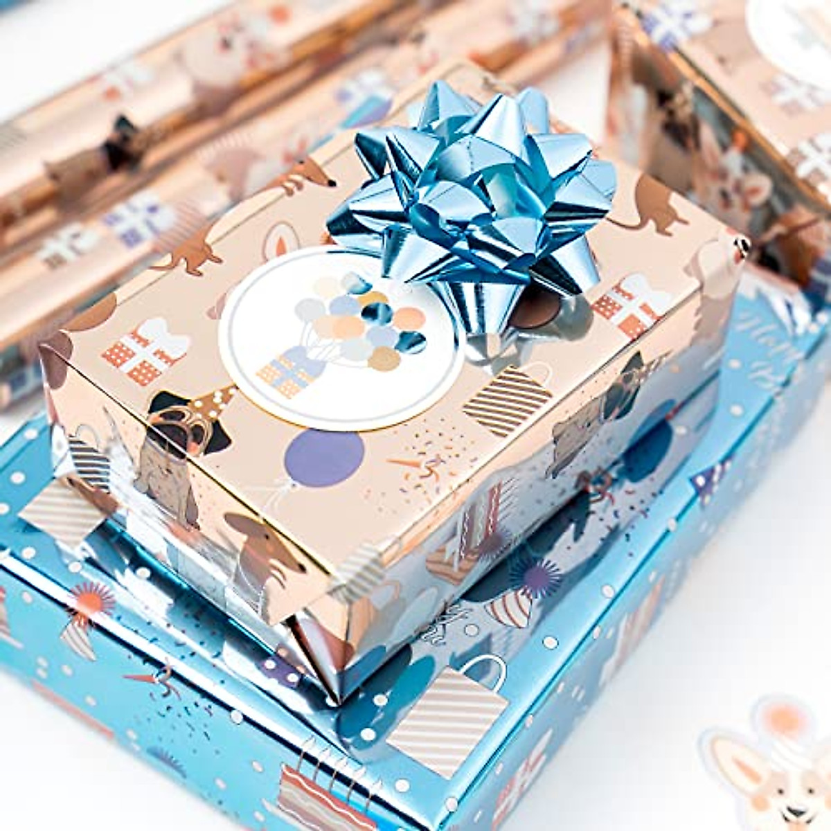 WRAPAHOLIC Birthday Wrapping Paper Roll - Adorable Dogs and Colorful Balloons with Metallic Foil Shine - 4 Rolls - 30 Inch X 120 Inch Per Roll