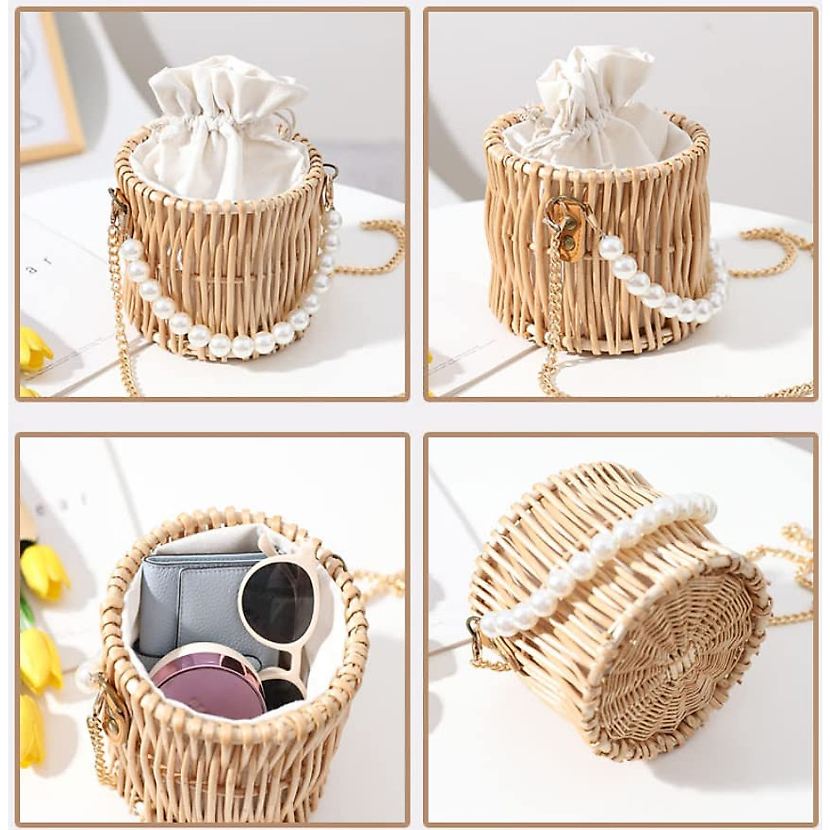 Straw Beach Pearl Bag Purse Bag for Women Vacation Handmade Basket Tote Bamboo Should Bag Handbag Best Gift for Girls Wife