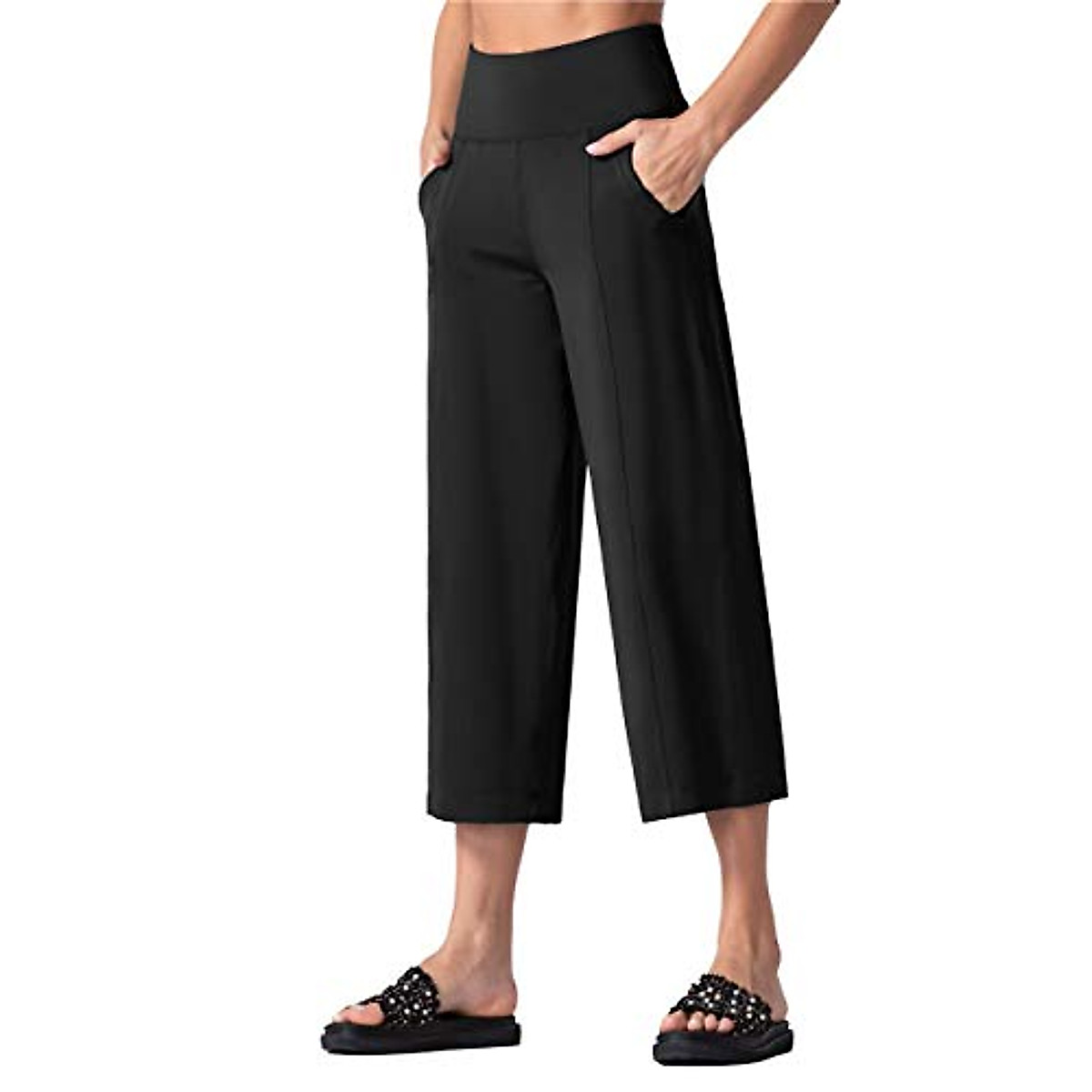 THE GYM PEOPLE Bootleg Yoga Capris Pants for Women Tummy Control High Waist Workout Flare Crop Pants with Pockets (Large, Black)