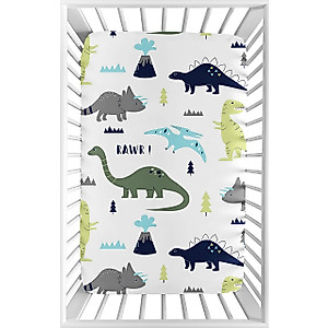 Sweet Jojo Designs Navy, Turquoise and Grey Dinosaur Baby Boy Fitted Mini Portable Crib Sheet for Mod Dino Collection - for Mini Crib or Pack and Play ONLY