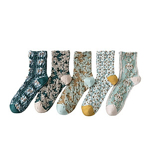 Alafime 5 Pairs Women's Warm Socks Kawaii Floral Socks Cutecore Cotton Socks Y2K Pretty Vintage Embroidered Socks (5 Pairs Floral Socks)