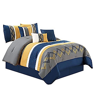 Chezmoi Collection Arden 7-Piece Modern Pleated Stripe Embroidered Zigzag Bedding Comforter Set (Queen, Navy/Gray/Yellow/White)