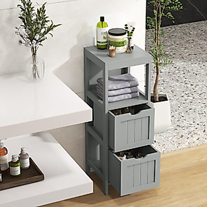 Tangkula Small Bathroom Storage Cabinet with 2 Removable Drawers, Wood Freestanding Floor Cabinet for Bathroom, Anti-Tipping Device, Side Corner Small Cabinet for Small Spaces (Grey)