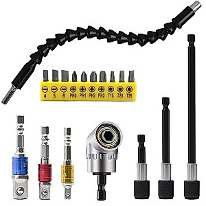 Flexible Drill Bit Extension, Hex Shank 105° Right Angle Drill, 3Pcs Drill Bit Holder Extension, 3Pcs 1/4 3/8 1/2" Universal Socket Adapter, 11.6 inch Screwdriver Soft Shafts, Screwdriver Bit Kit