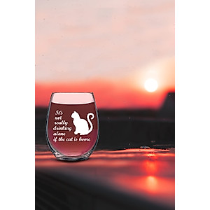 It's Not Really Drinking Alone If The Cat Is Home - 15oz Stemless Wine Glass - Cat Animal Lover Crazy Cat Lady Fur Mama From Son Daughter Husband Nana Papa for Women, Friends, Sisters, Girls